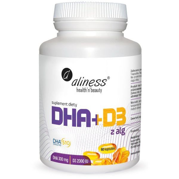 Omega DHA 300mg from algae + D3 2000IU, 60 capsules – Aliness.co.uk